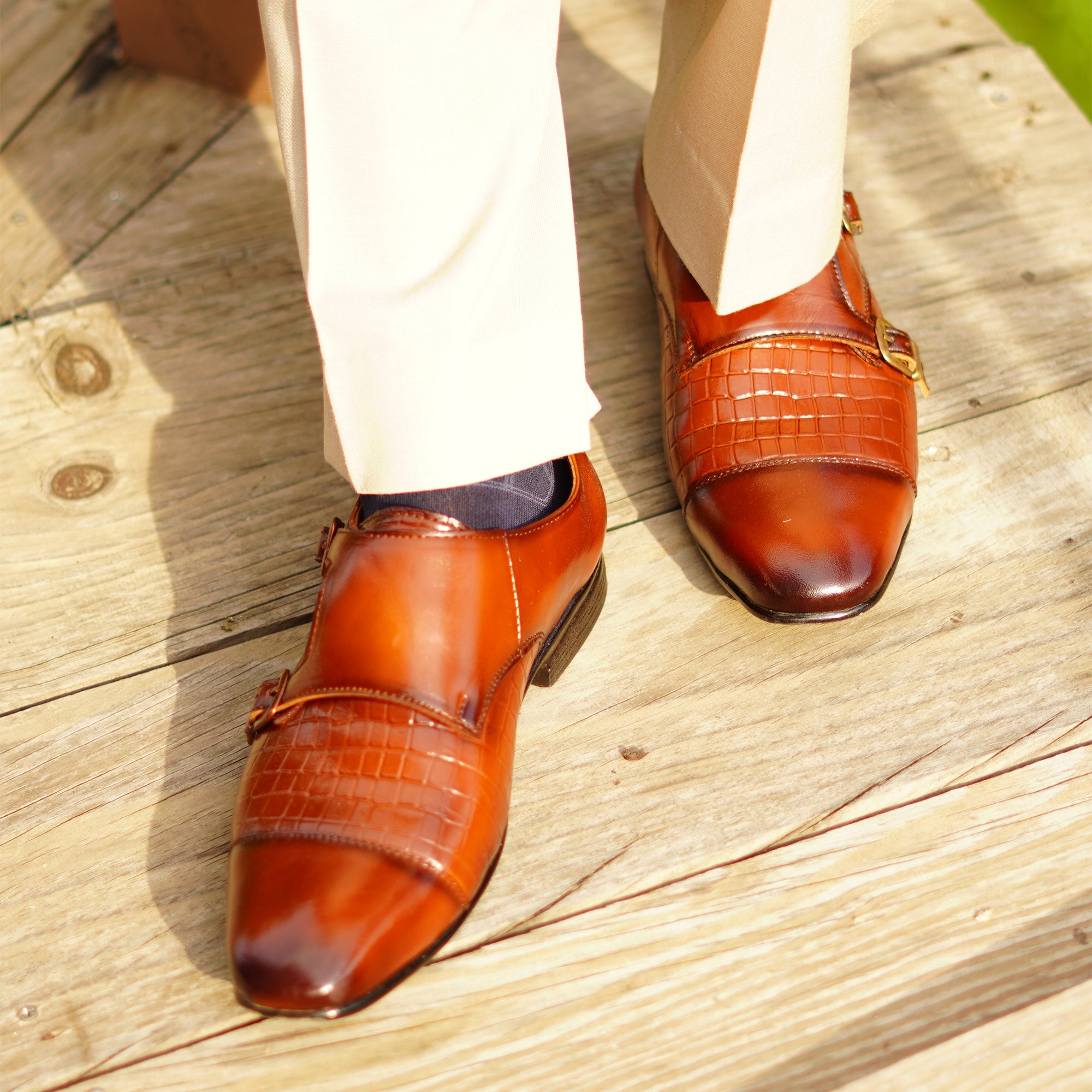 MATR Strap Me Down Men's Brown Croc-Embossed Double Monk Strap Leather ...
